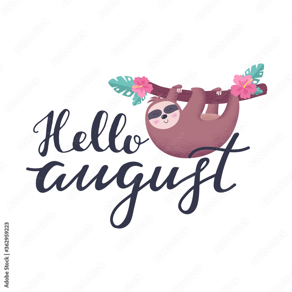 Cute sloth. Summer card bright illustration in cartoon style. Hello ...