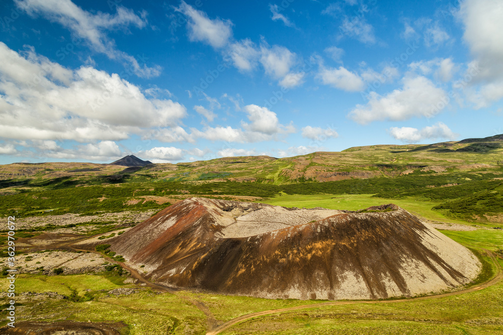 Grabrok, volcanic crater in the fjord of Borgarfjordur in West Iceland ...
