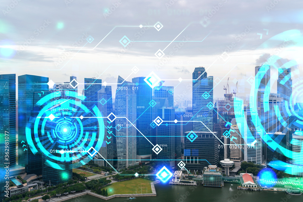 Technology hologram over panorama city view of Singapore. The largest ...
