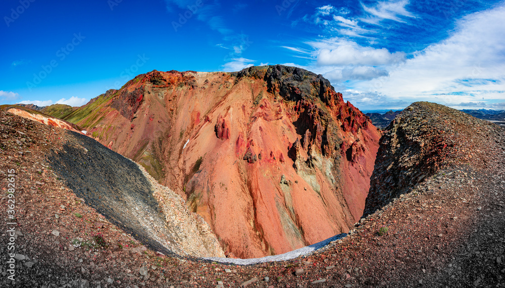 Panoramic true Icelandic landscape view of colorful rainbow volcanic ...