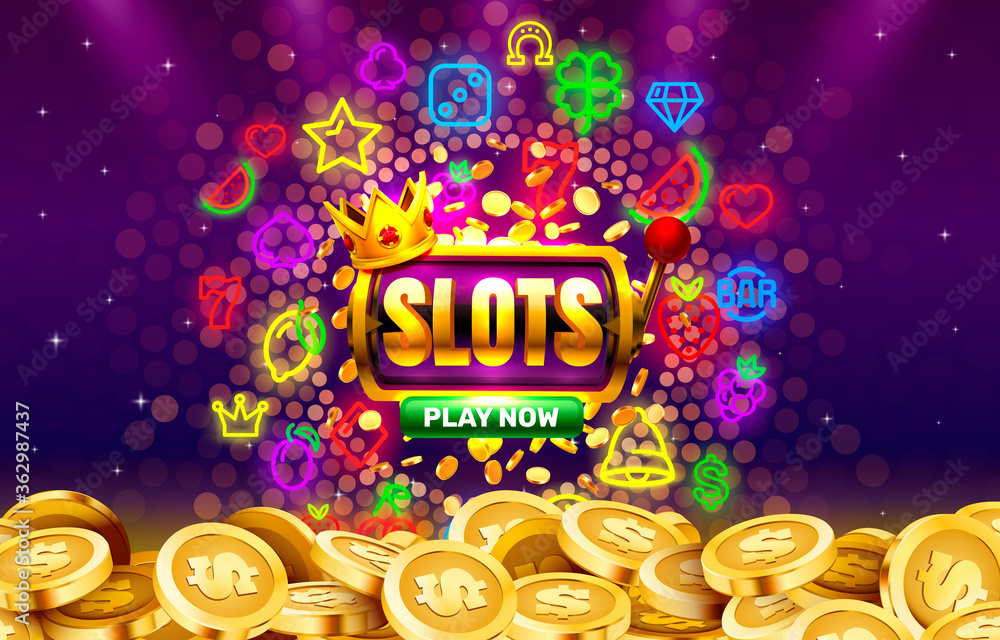 Play now slots neon icons, casino slot sign machine, night Vegas ...