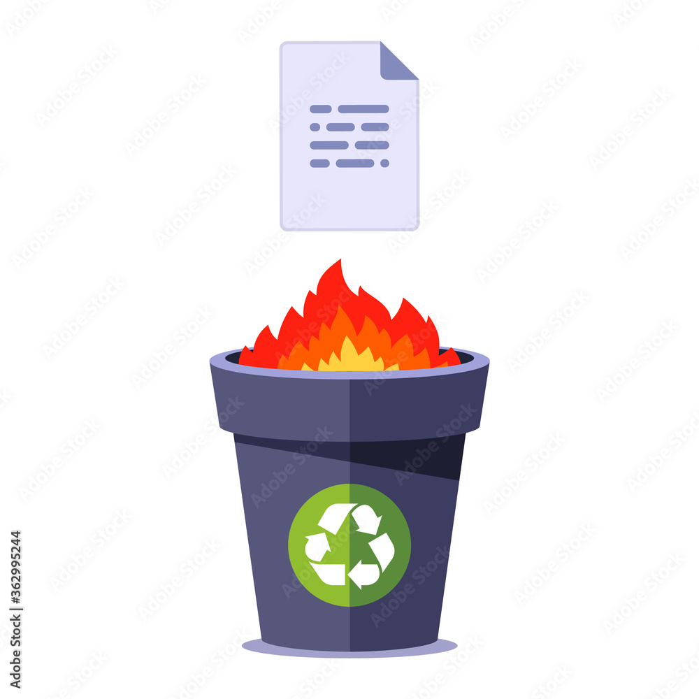 burn paper in the bin. destroy documents on fire. Flat vector ...