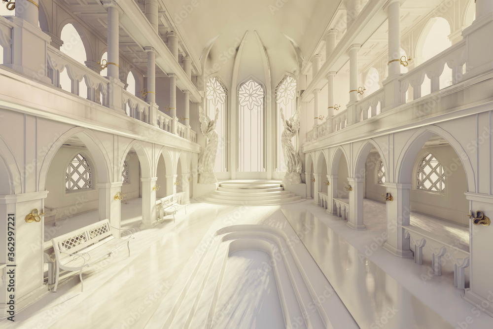 A majestic fantasy temple. A 3D rendered image from the interior of a ...