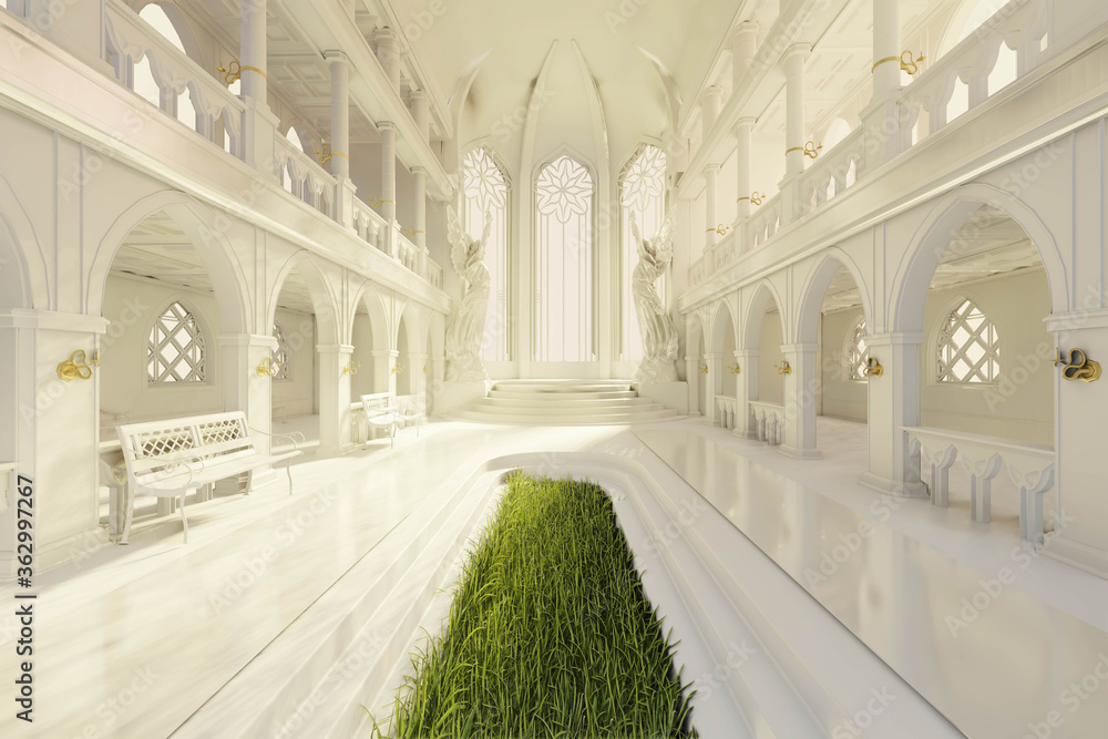 A majestic fantasy temple. A 3D rendered image from the interior of a ...