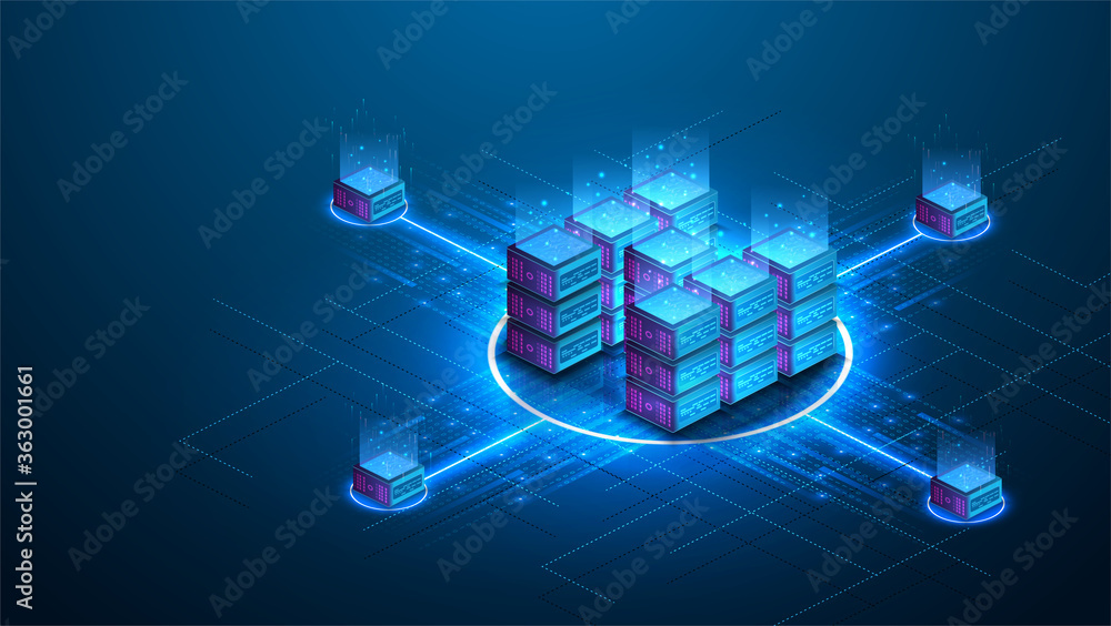 Isometric futuristic Hosting server. Abstract datacenter or blockchain ...