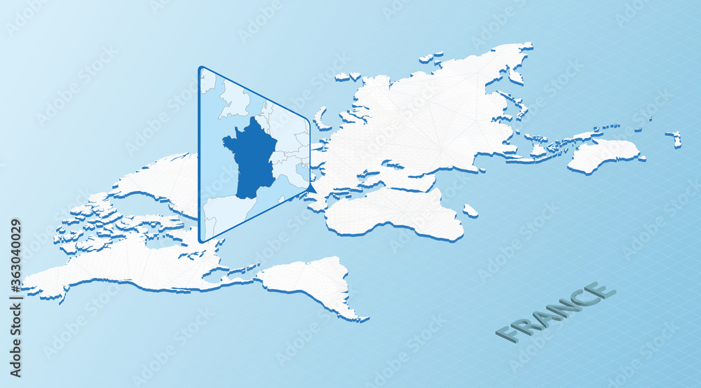 World Map in isometric style with detailed map of France. Light blue ...