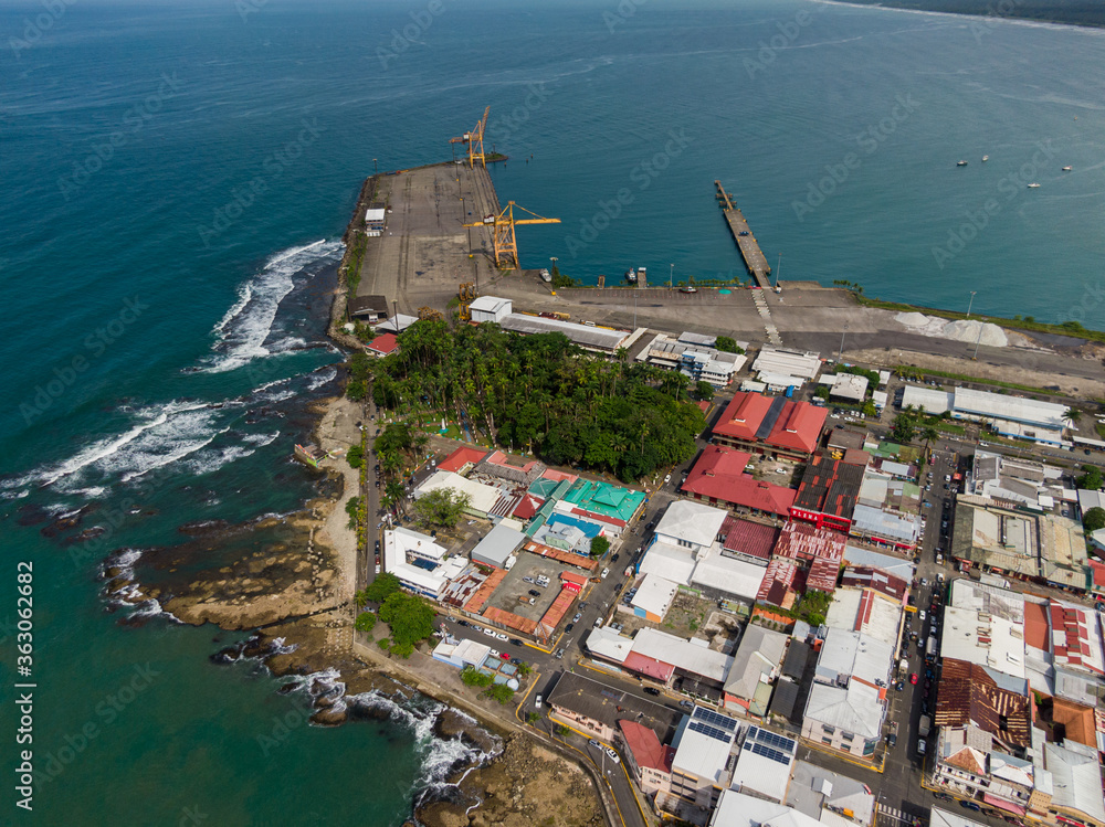 Beautiful aerial view of Limon downtown and its pier bay of Moin, APM ...