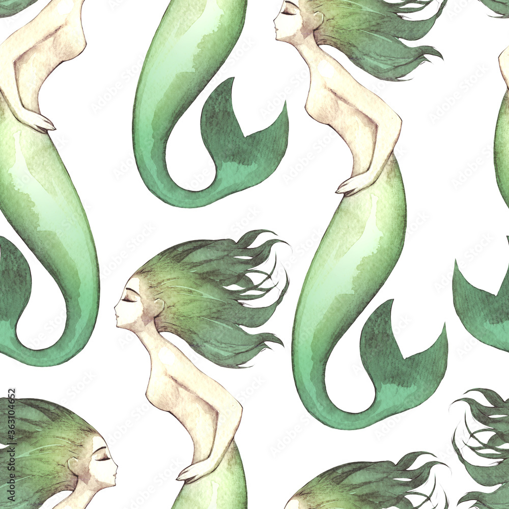 Elegant watercolor mermaids in retro style as a seamless texture Stock ...