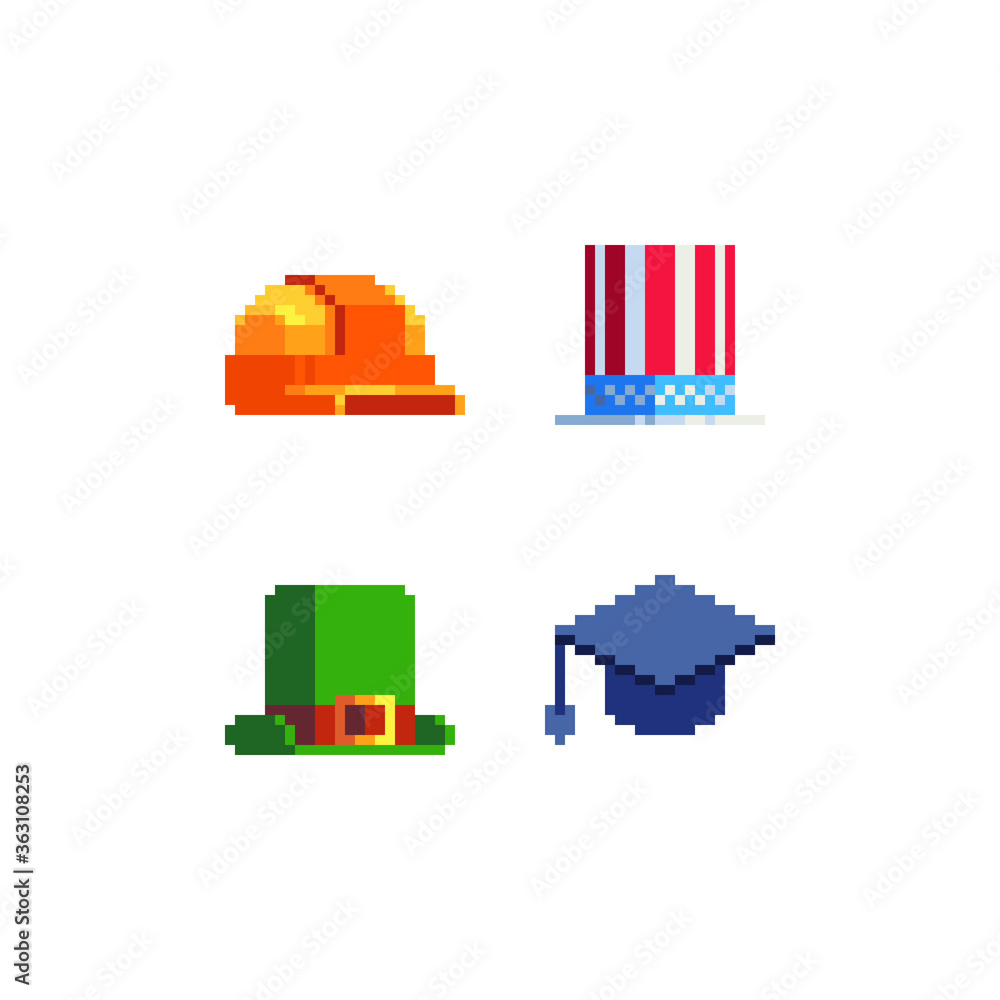 Pixel art hats icon set. Isolated vector illustration. Design for ...