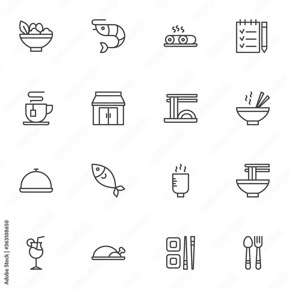 Asian food restaurant vector icons set, modern solid symbol collection ...