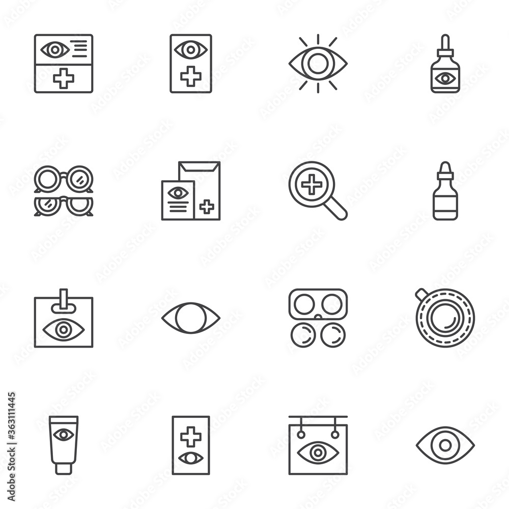 Optometry line icons set, outline vector symbol collection ...