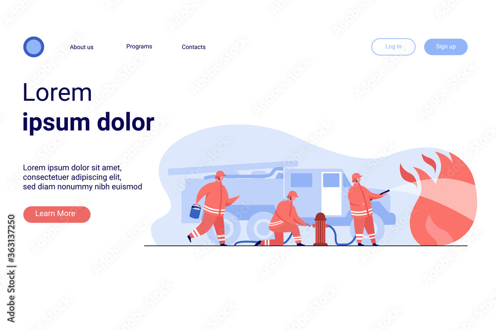 Brave firefighters firefighting with flame flat vector illustration ...