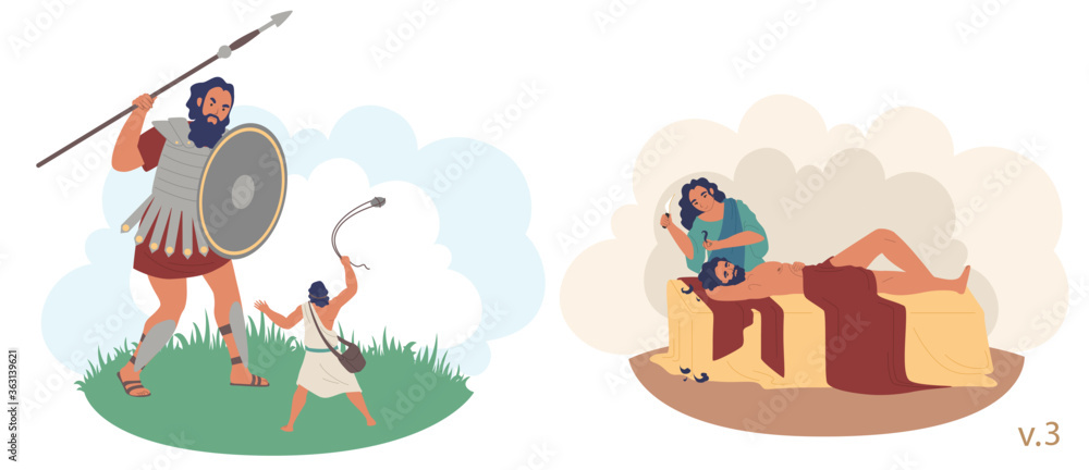 David and Goliath, Samson and Delilah Bible Stories characters, vector ...