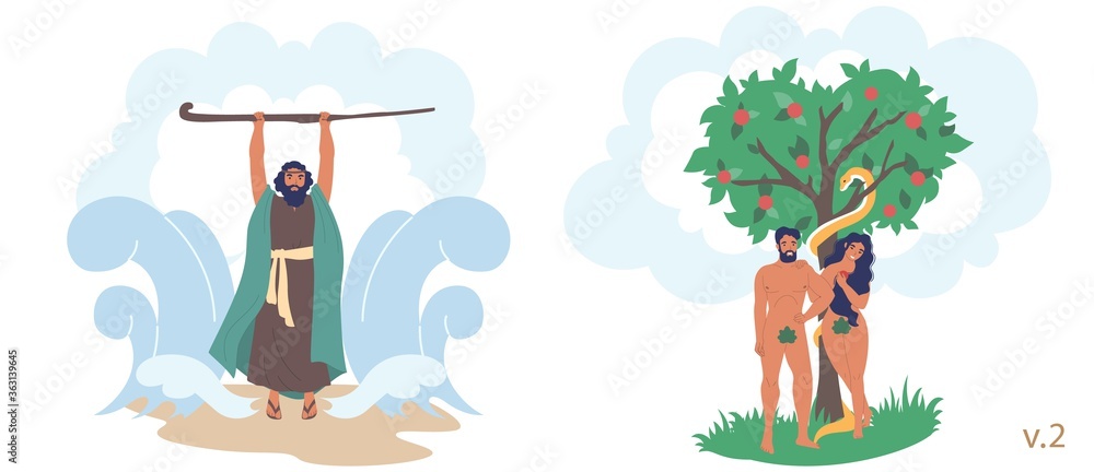 Staff of Moses, Adam and Eve Bible Stories characters, vector flat ...