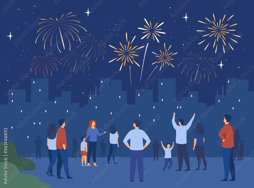 Festive city night concept. Crowd of people with children celebrating ...