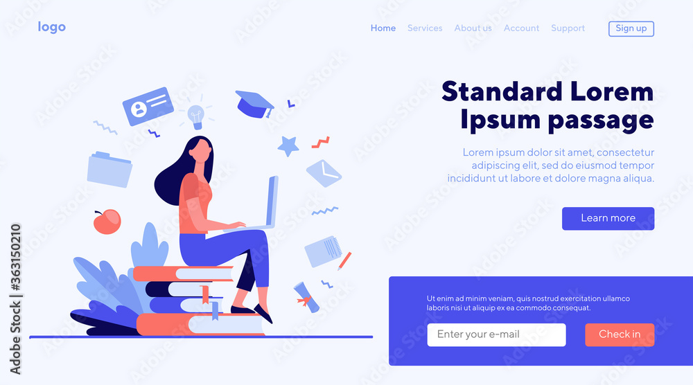 Student with laptop studying on online course. Woman sitting on stack ...