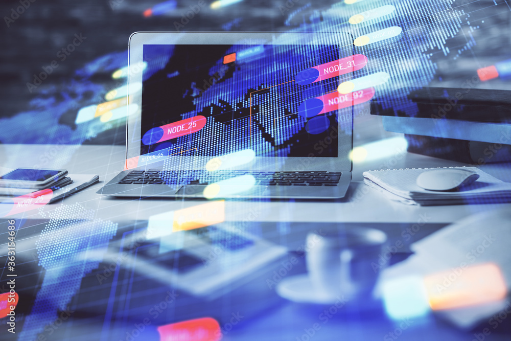 Technology theme drawing and table with computer. Multi exposure ...