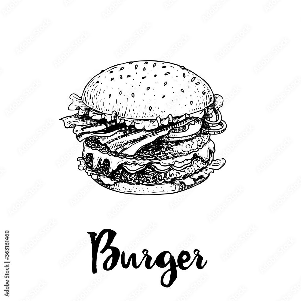 Hand drawn sketch style big burger. Fast, street food. Cheeseburger ...