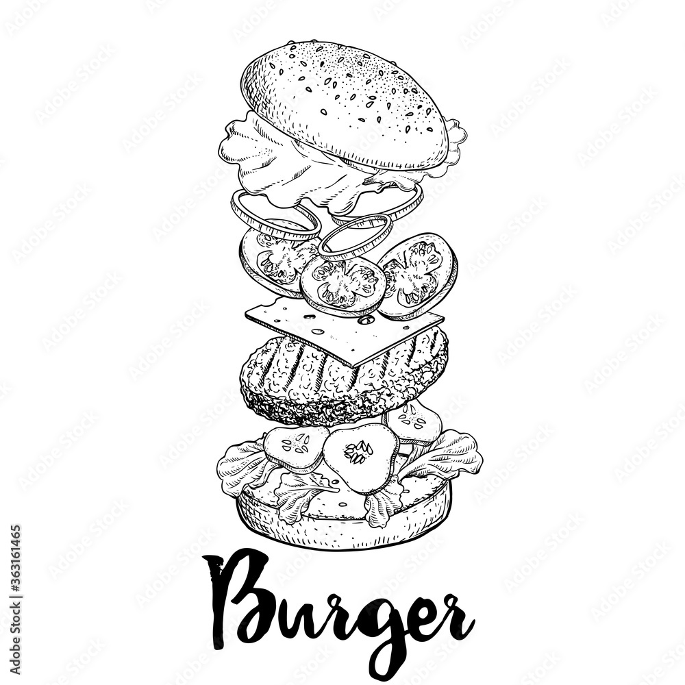 Hand drawn sketch style burger flying ingredients. Fast, street food ...