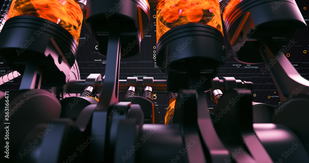 3D Rendering Of A Fuel Injected V8 Engine With Explosions. Pistons And ...