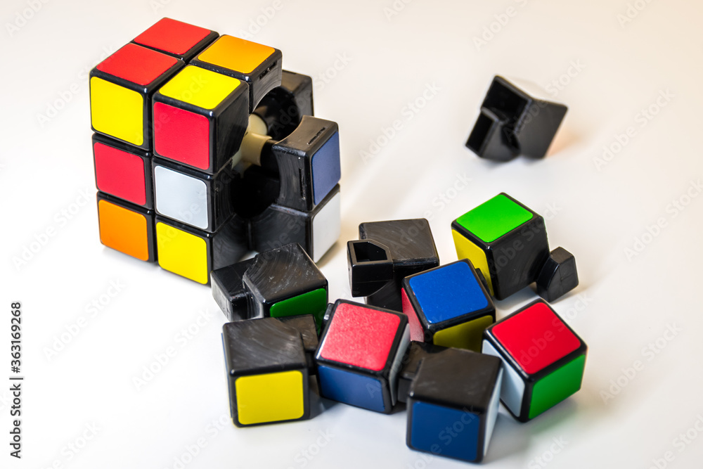 Pieces of Rubik's Cube for problem solving on white background Stock ...
