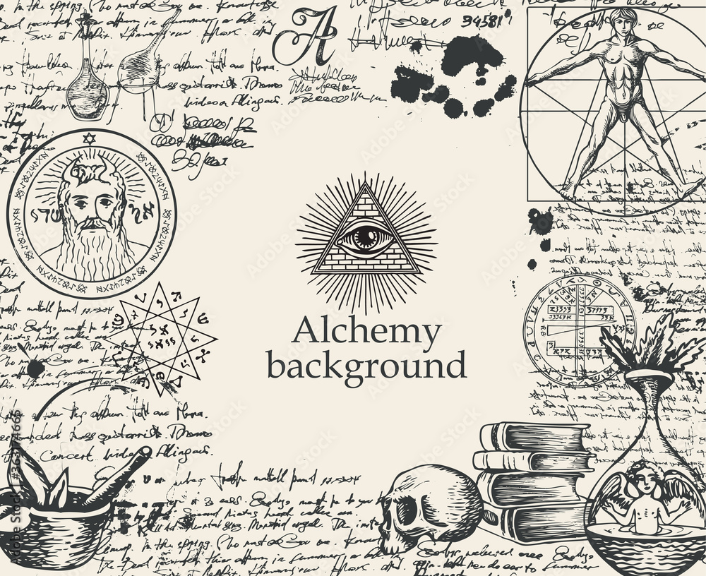 Alchemy background. Vintage artistic illustration on alchemical theme ...