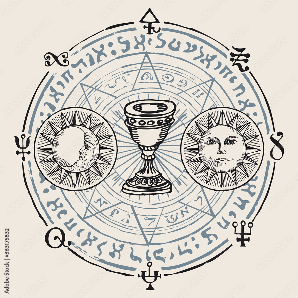 Holy Grail with the Sun, Moon, alchemical and Masonic symbols in retro ...