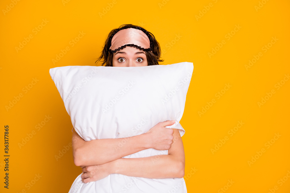 Portrait of worried scared girl sleep see horrible nightmare feel ...