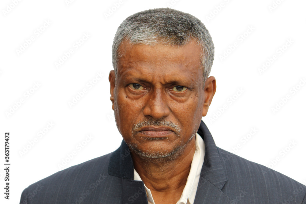 Angry, sad or worried looking senior Indian man face portrait on white ...