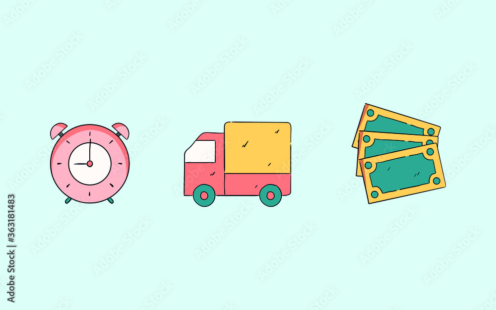 in this vector graphics we see a clock, car and tickets, vector ...