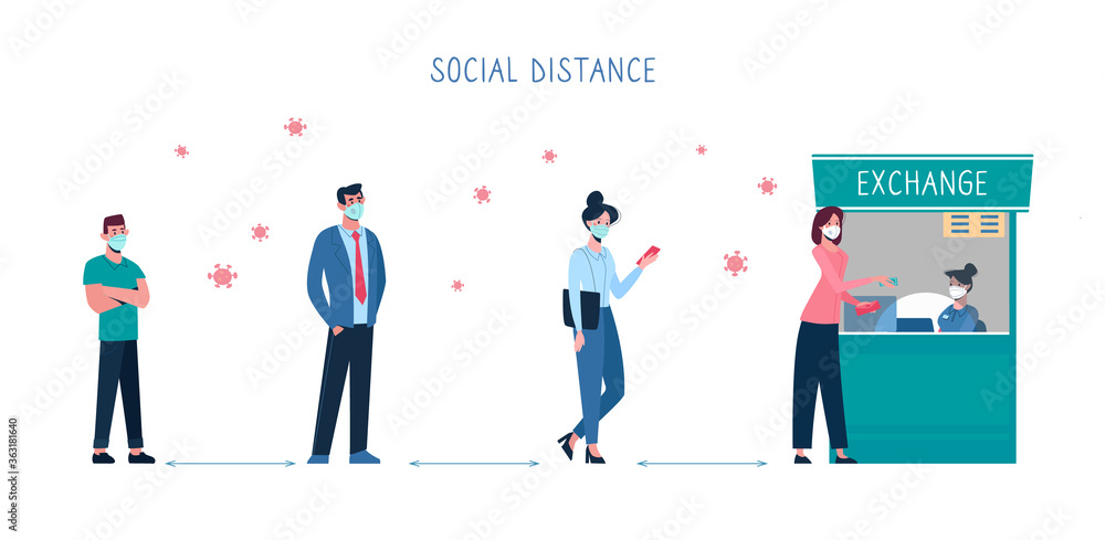 Vector People keep their distance when they stand in line at the ...