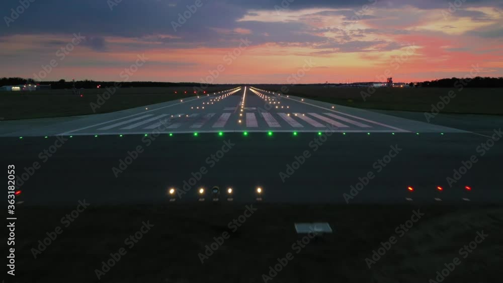 Aerial view on empty airport runaway with markings for landings and all ...