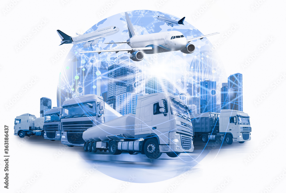 Logistics concept. Multiple exposure of different transports and world ...