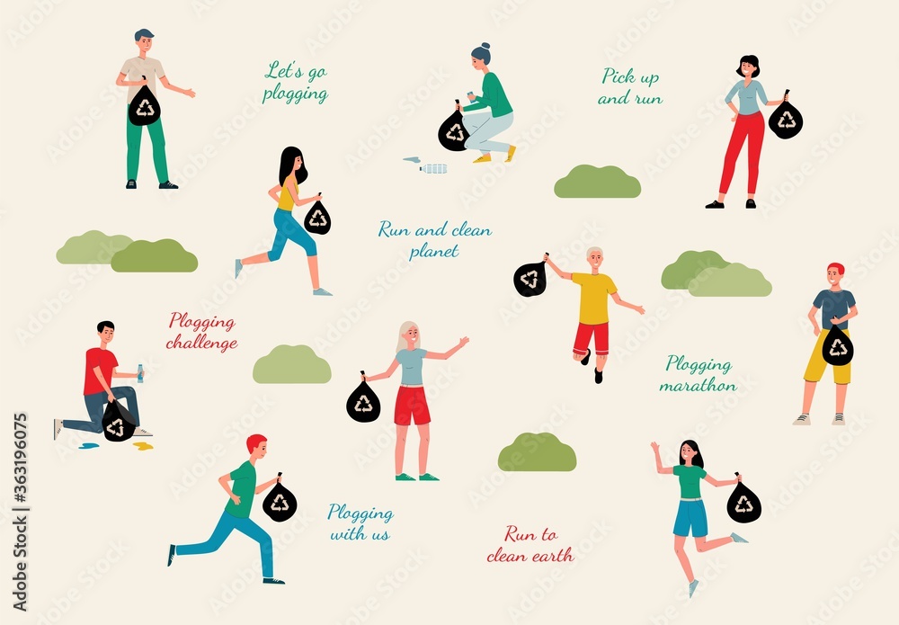 Plogging ecological challenge characters set of running people picking ...