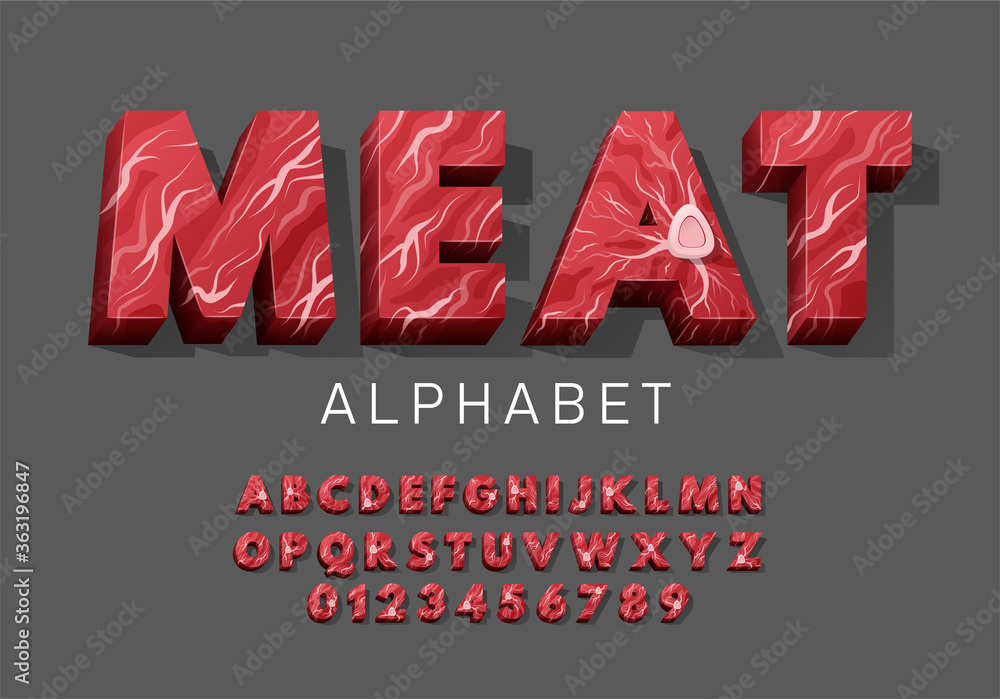 Vector latin meat alphabet. Set of letter and numbers from fresh raw ...