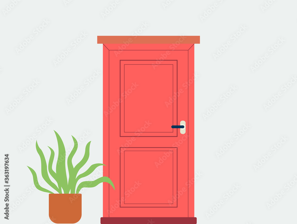House front with red door and plant in pot flat cartoon vector ...