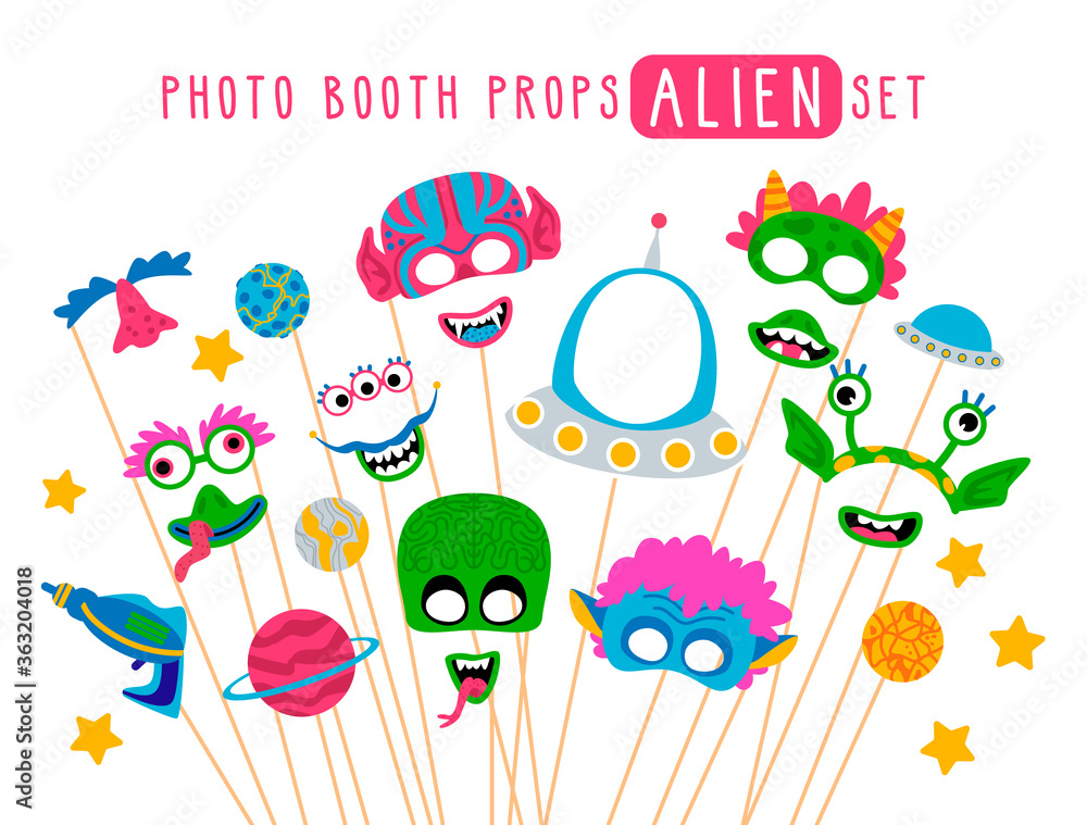 Collection of photo booth props for kids alien party. Cute vector ...