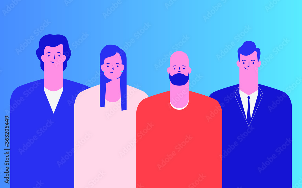 This vector graphic shows 3 male characters, and one lady characters ...