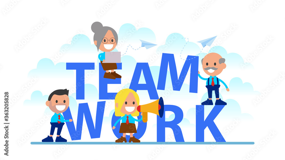 Businessmen together build word - Teamwork. Caption mockup for poster ...