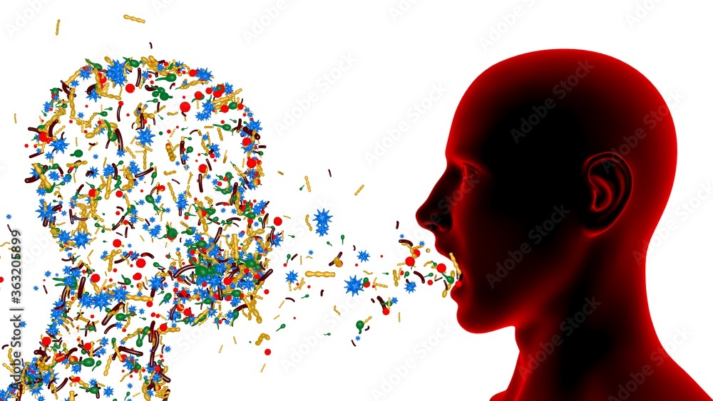 Person breathing , coughing releases germs on face of another. Airborne ...