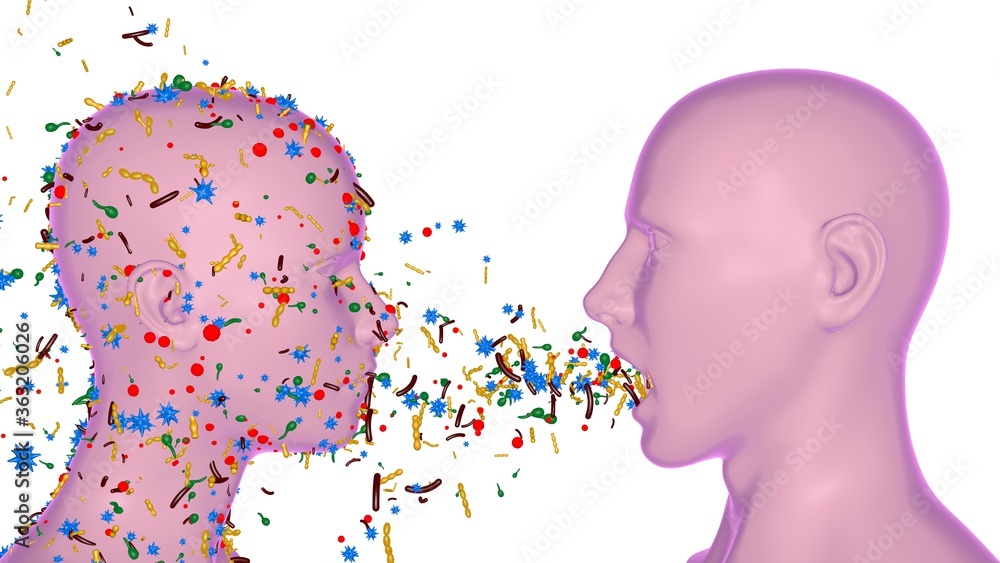 Person breathing , coughing releases germs on face of another. Airborne ...
