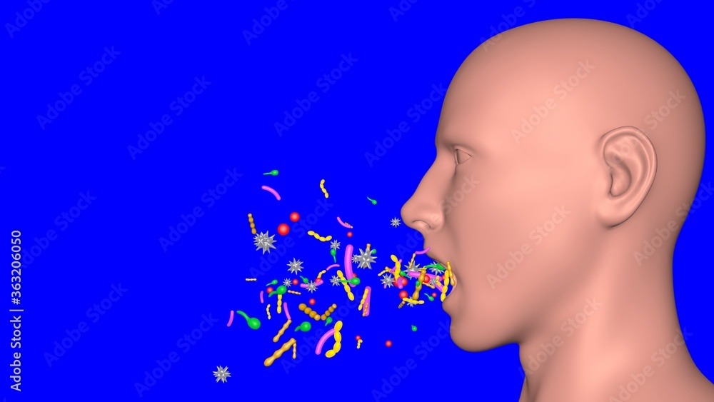 Person coughing , releasing germs from mouth. Airborne microdroplets ...