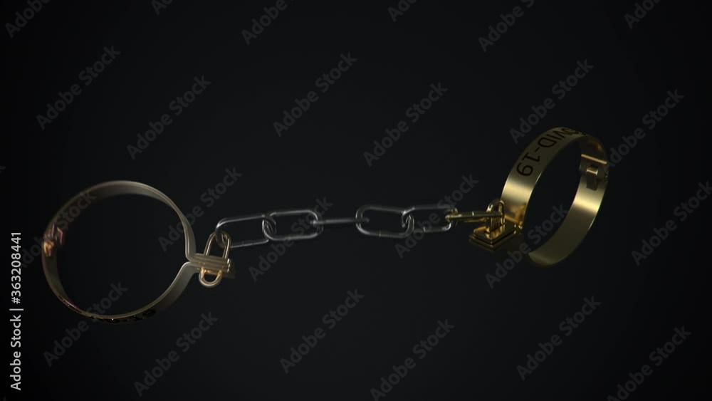 4k concept animation of brass type virtual shackles or handcuffs with ...