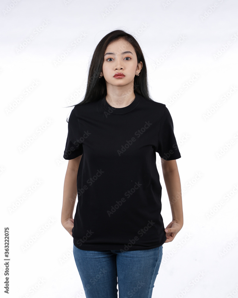 Front view white t-shirt Closeup on female body, woman girl in empty ...