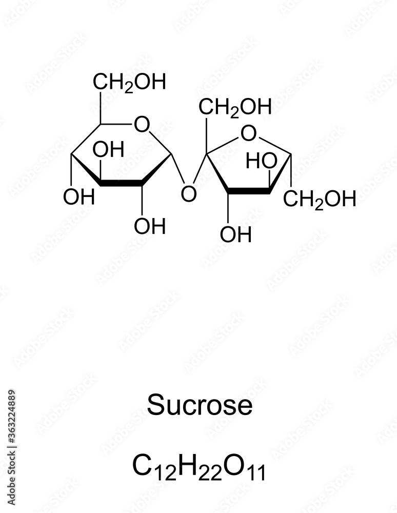 Sucrose, common sugar, chemical structure. Disaccharide composed of the ... Sucrose, common sugar, chemical structure. Disaccharide composed of the ...
