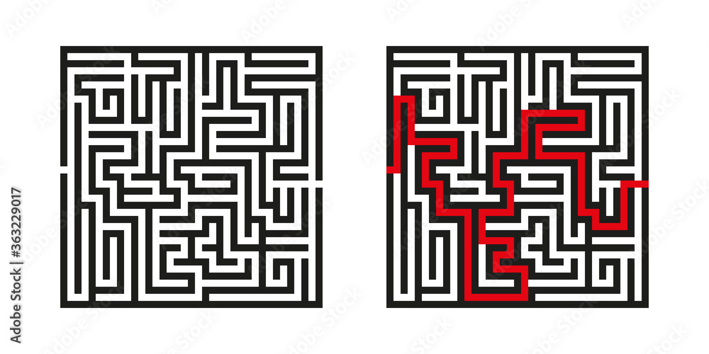 Black square vector maze with solution isolated on white background ... Black square vector maze with solution isolated on white background ...