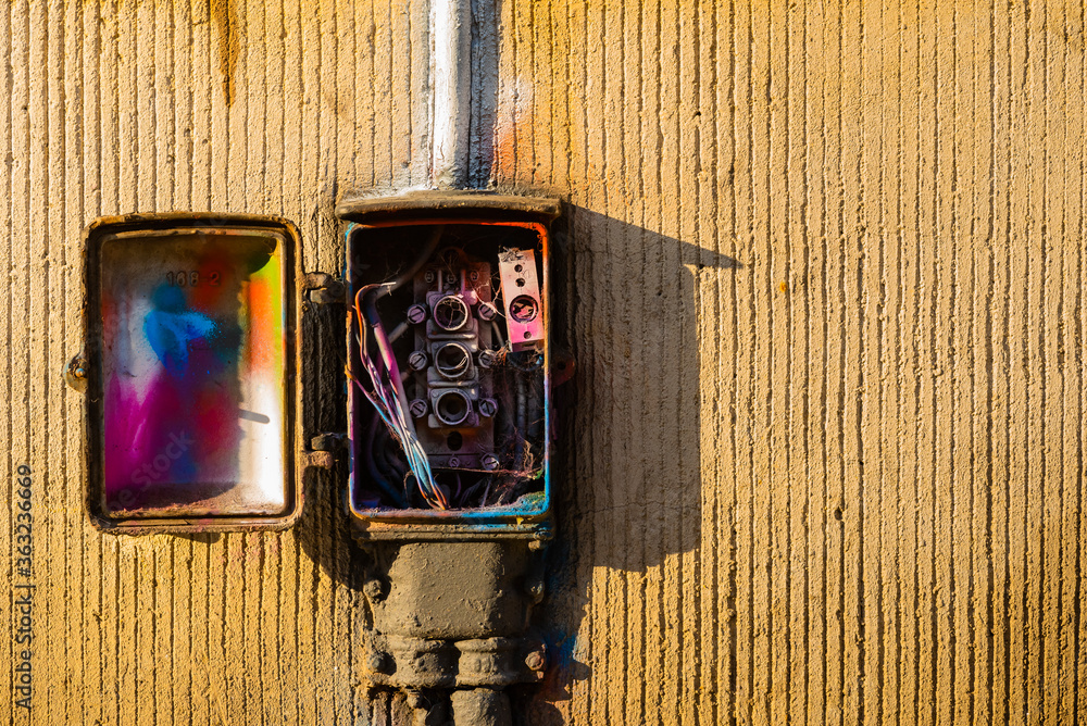 Old fuse box for street lighting, smeared old fuse box, Fuse box on a ...