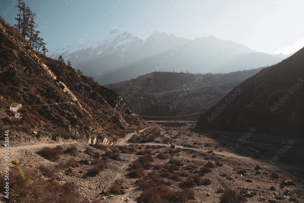 View of mountains near muktinath temple at mustang, Nepal with snow on ...