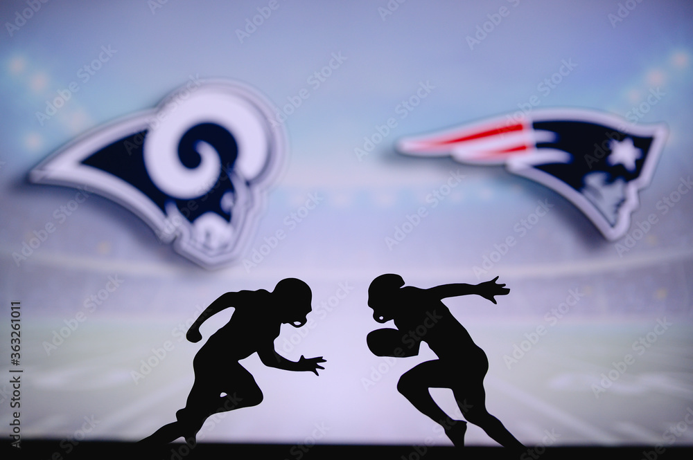 Los Angeles Rams vs. New England Patriots. NFL match poster. Two ...