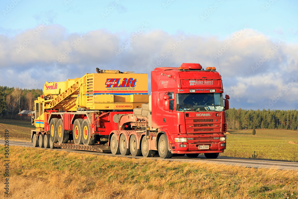 Scania 164G Semi Trailer Transports Harbor Crane. Oversize load ...